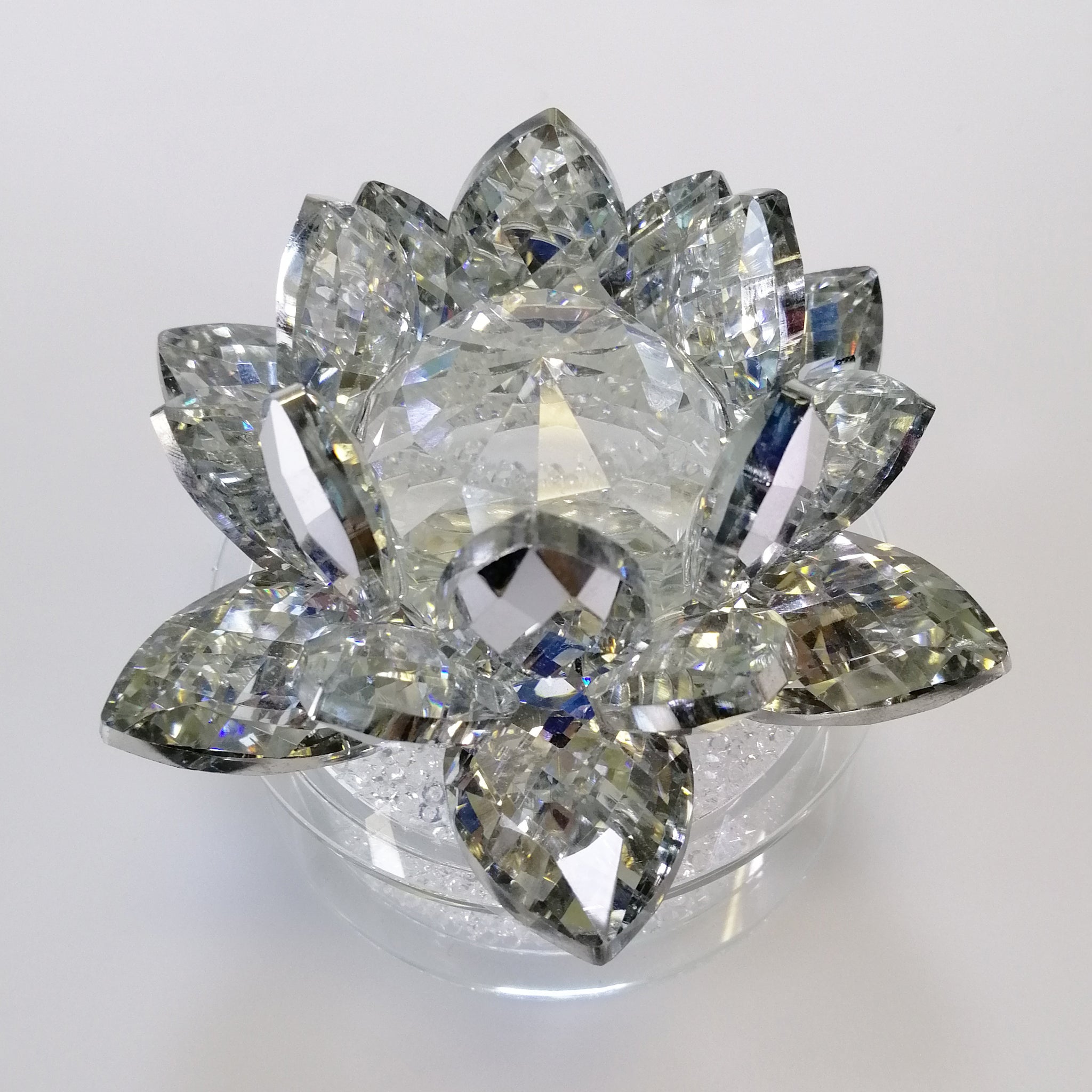 Cut Glass Silver Tinge Flower With Clear Orb And White Confetti Base